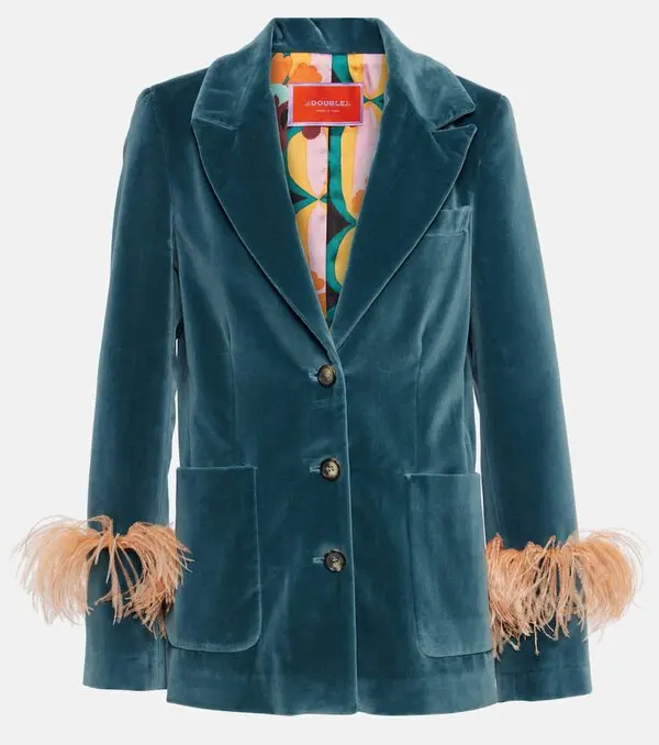 La DoubleJ Feather-trimmed Cotton Velvet Blazer - Blue
