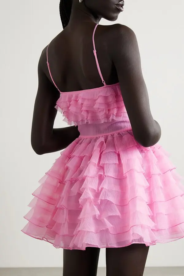 staud pink ruffle dress Staud Marlowe Neck Tie Tiered Dress Pink by Staud