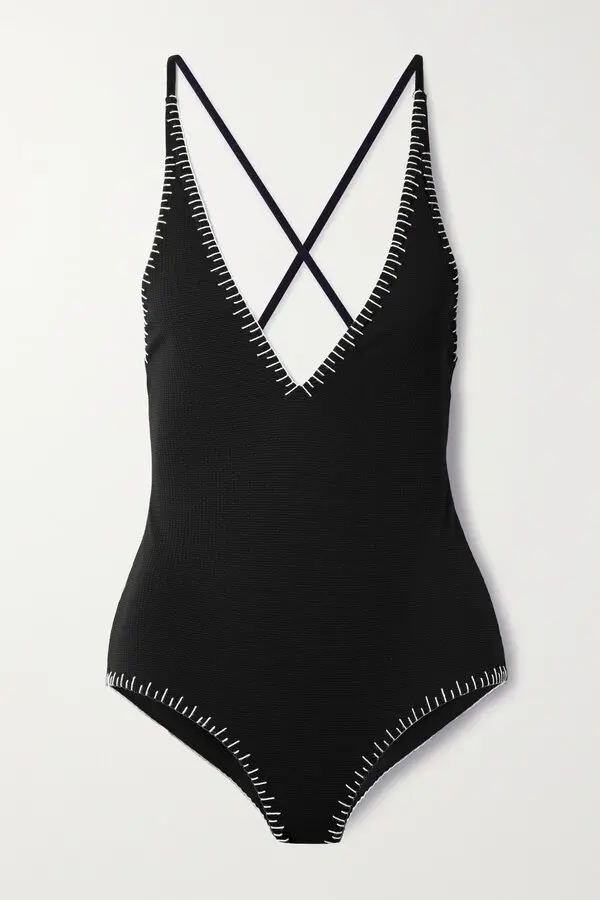Marysia Sole Embroidered Seersucker Swimsuit - Black