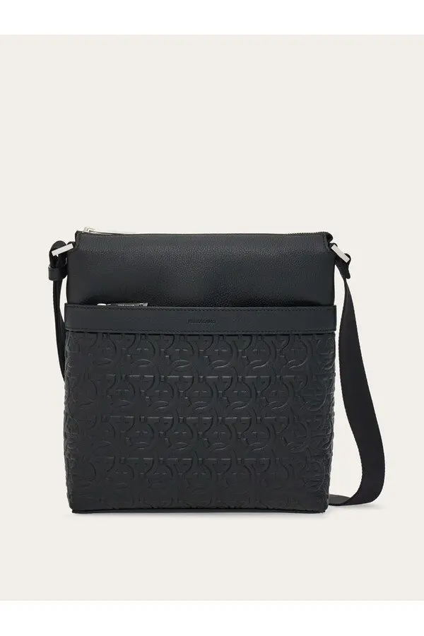 FERRAGAMO Embossed Gancini Messenger Bag - Black