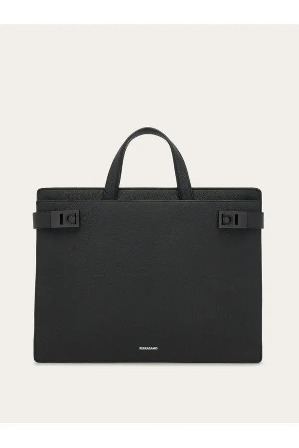 FERRAGAMO Hammered Calf Leather Briefcase With Gancini Buckles - Black