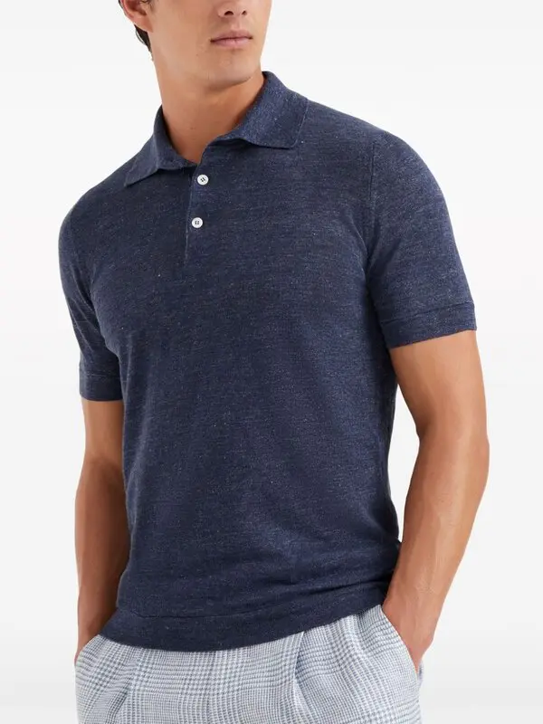 Brunello Cucinelli Ribbed-collar Slub-texture Polo Shirt - Blue