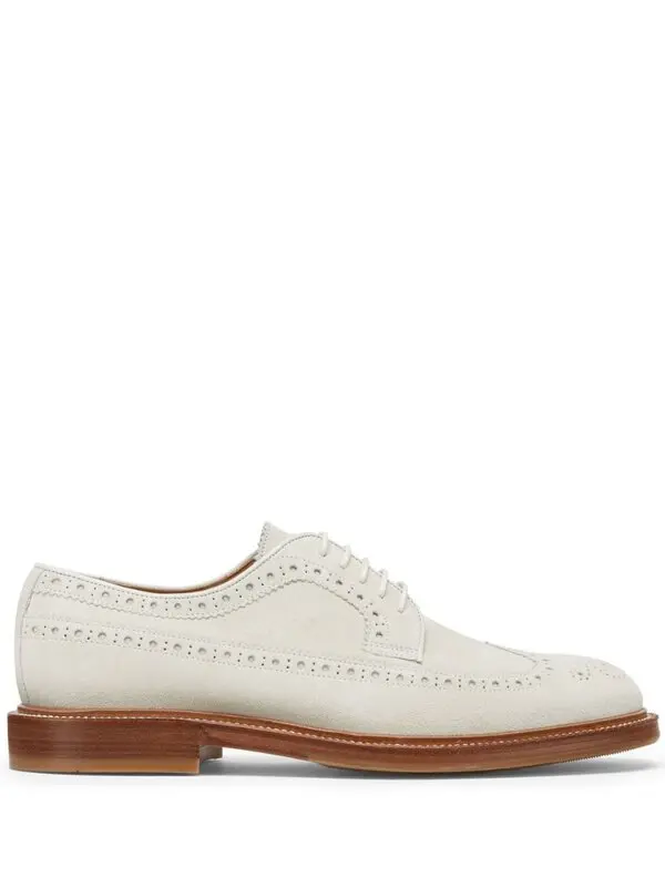 Brunello Cucinelli Perforated-embellished Suede Derby Shoes - White