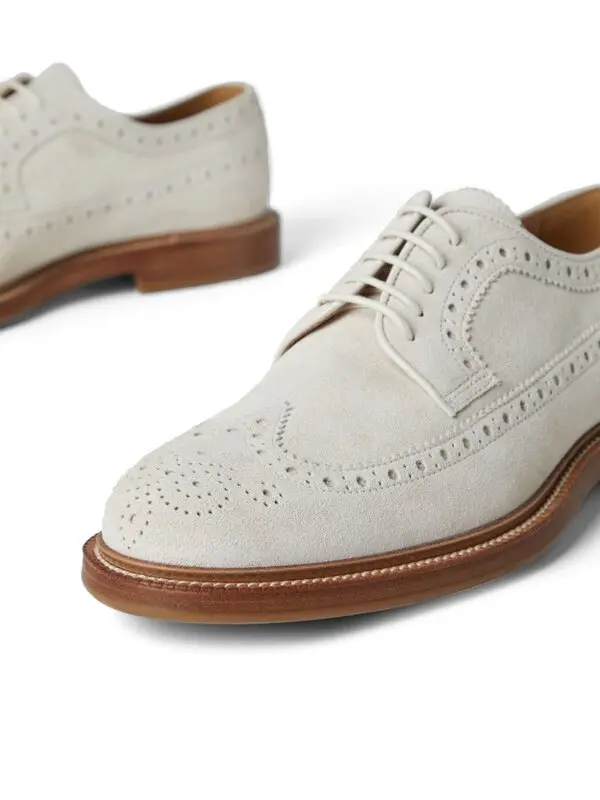Brunello Cucinelli Perforated-embellished Suede Derby Shoes - White