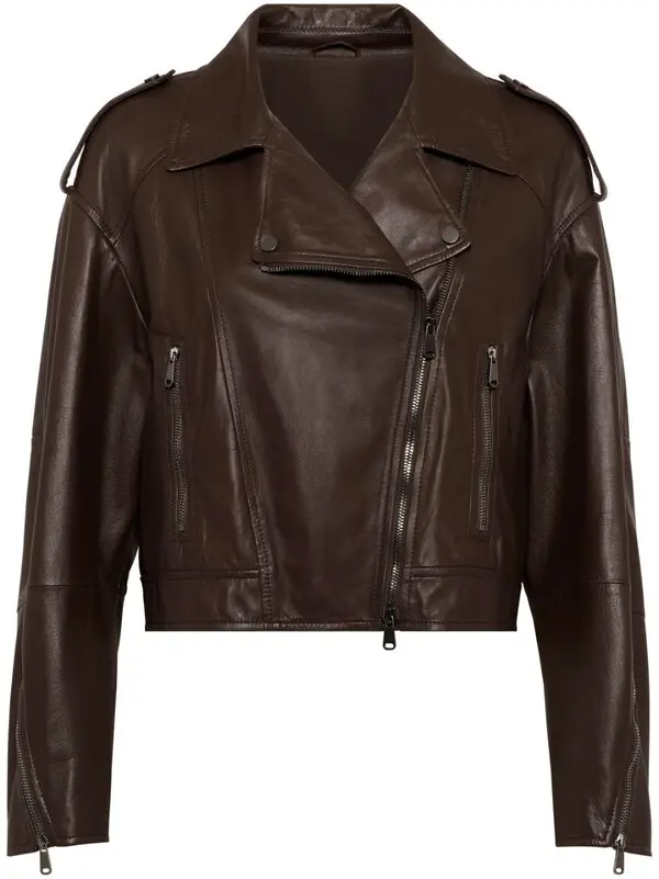 Brunello Cucinelli Panelled Leather Cropped Jacket - Brown