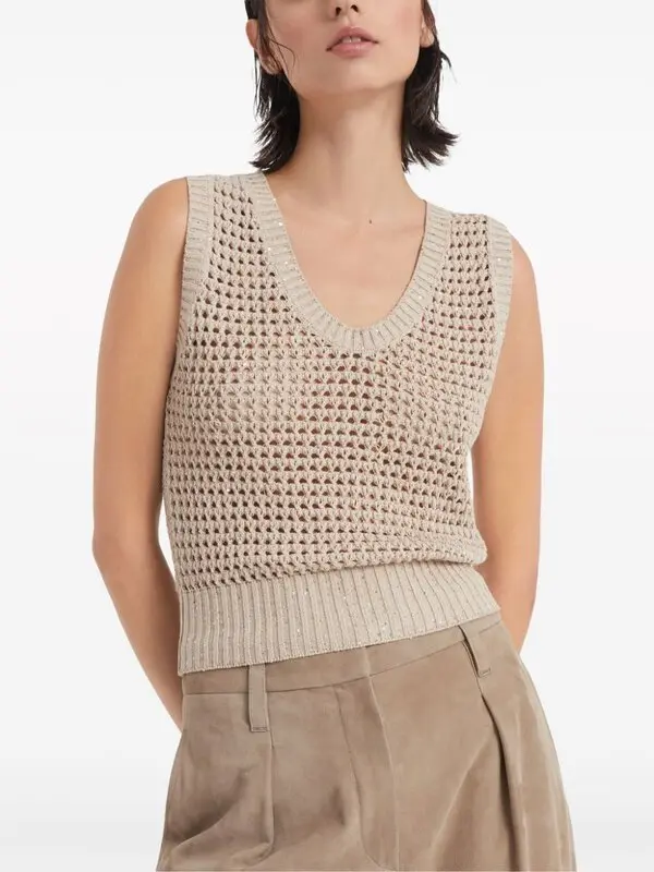 Brunello Cucinelli Sequin-embellished Open-knit Vest - Neutrals