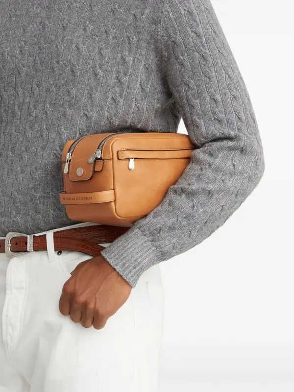Brunello Cucinelli Leather Wash Bag - Brown