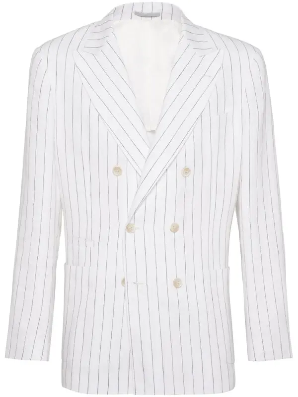 Brunello Cucinelli Pinstripe Linen Double-breasted Blazer - White