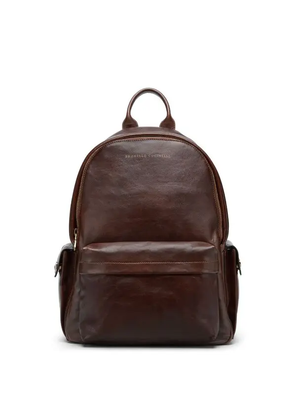 Brunello Cucinelli Leather Backpack With Logo - Brown