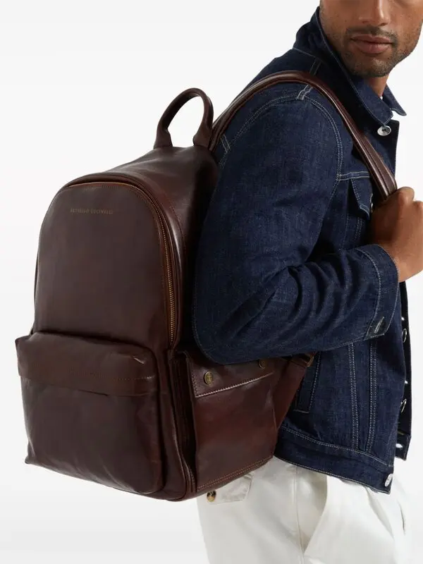 Brunello Cucinelli Leather Backpack With Logo - Brown