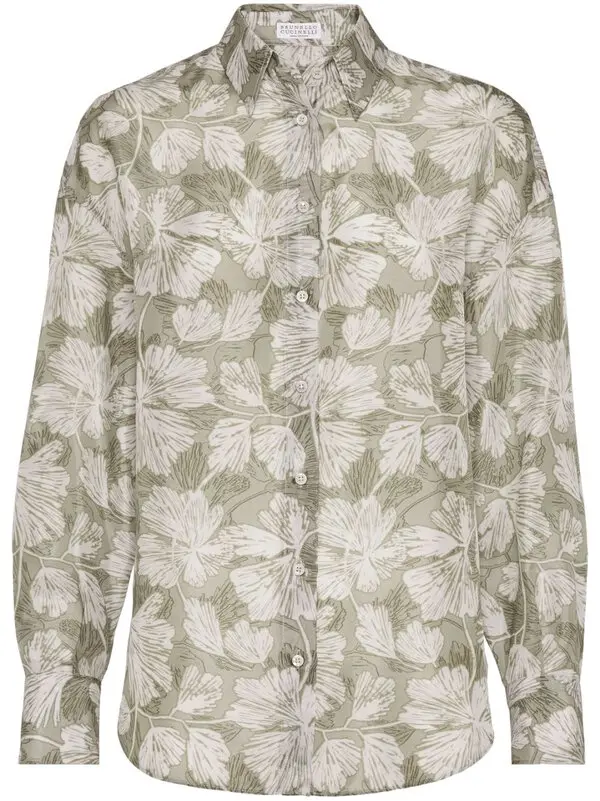 Brunello Cucinelli Leaf-print Silk Shirt