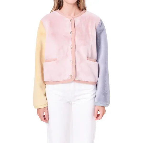 English Factory Colorblock Faux Fur Jacket - Pink Multi