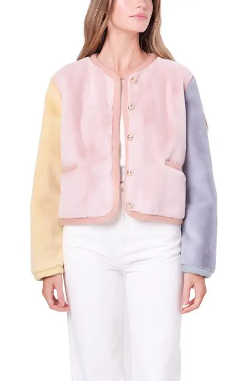 English Factory Colorblock Faux Fur Jacket - Pink Multi