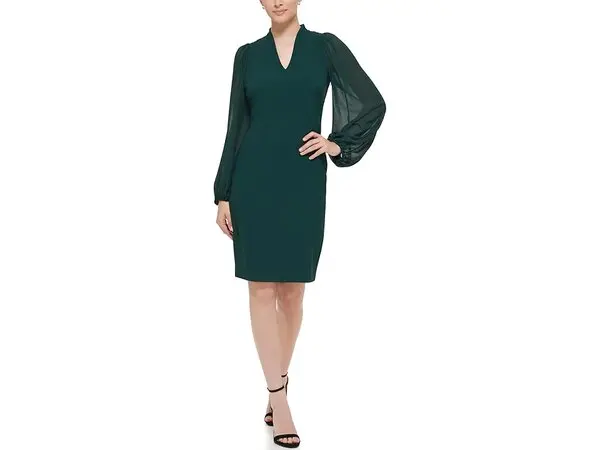 vince camuto v-neck long chiffon sleeve crepe sheath dress Vince Camuto Crepe Bodycon Dress With Chiffon Sleeves In Green - 15% Off