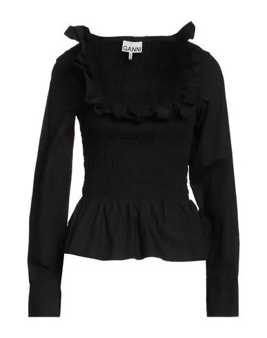 GANNI Ruched Organic Cotton Long Sleeve Top With Ruffles - Black