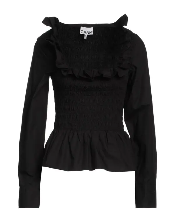 GANNI Ruched Organic Cotton Long Sleeve Top With Ruffles - Black