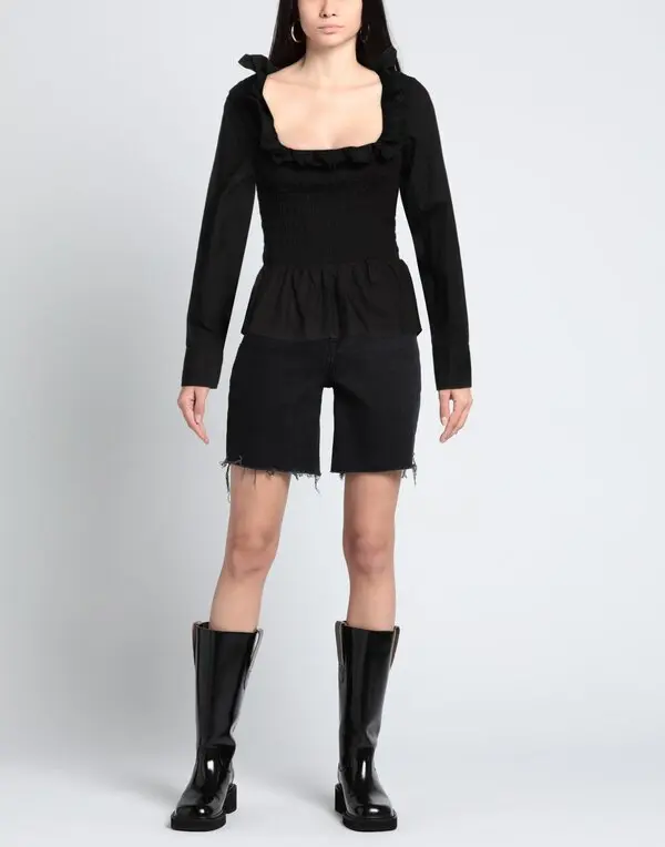 GANNI Ruched Organic Cotton Long Sleeve Top With Ruffles - Black