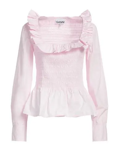 GANNI Ruched Organic Cotton Long Sleeve Top With Ruffles - Pink