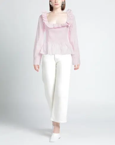 GANNI Ruched Organic Cotton Long Sleeve Top With Ruffles - Pink