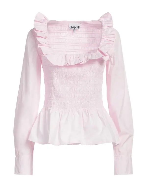 GANNI Ruched Organic Cotton Long Sleeve Top With Ruffles - Pink