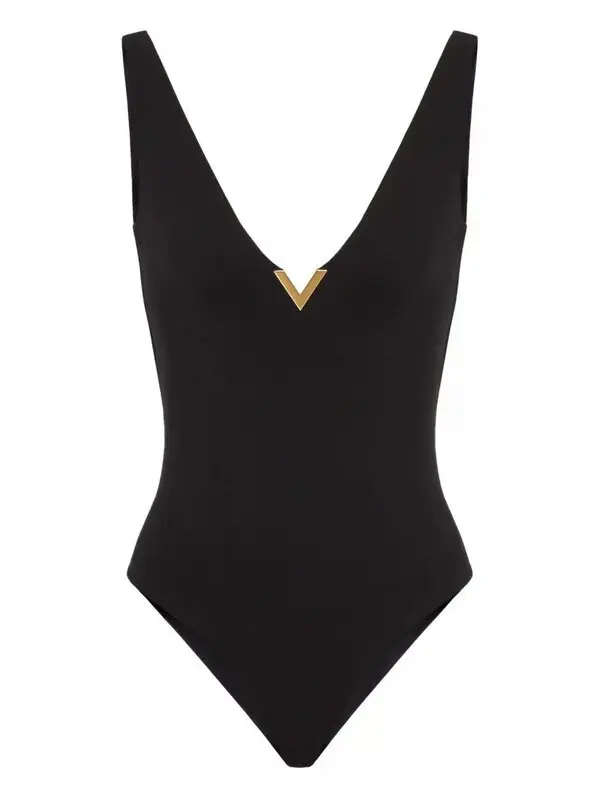 Valentino Garavani Logo-plaque V-neck Swimsuit - Black