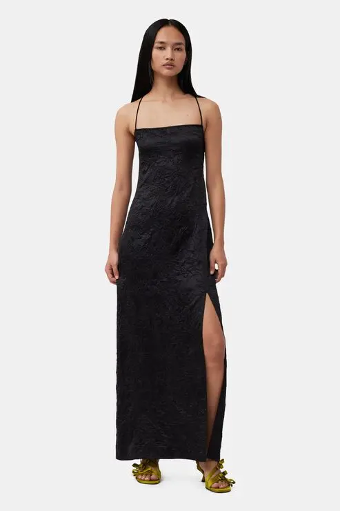 knee length dresses for ladies Ganni Crinkled Satin Gathered U-Neck Midi Dress