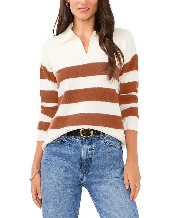 Vince Camuto Striped Long Sleeve Polo Shirt - Antique White/cocoa
