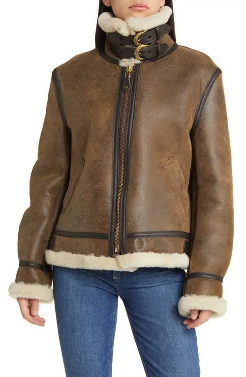 SCHOTT Genuine Shearling & Leather Bomber Jacket - Brown