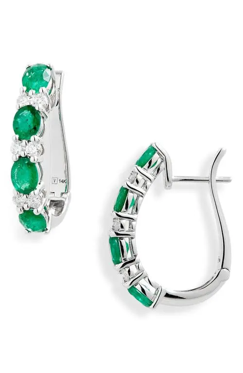 VALANI ATELIER Alternating Emerald & Diamond Hoop Earrings - 14k White Gold