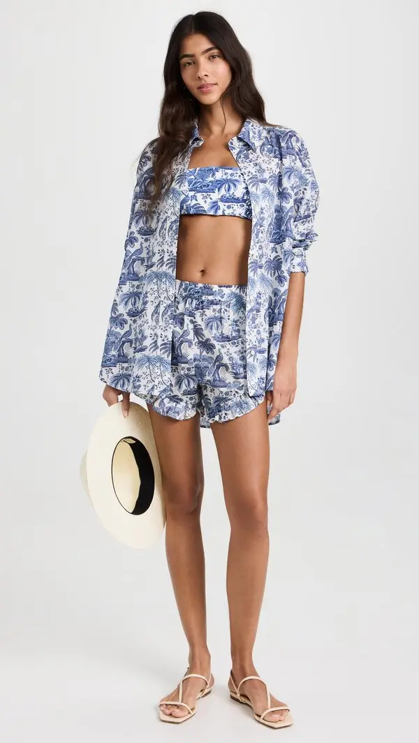 Staud Boyana Toile Print Shorts - Blue Toile