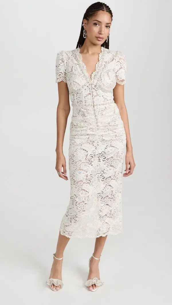 E*様 Self Portrait Cord Lace Tiered Dress Self-Portrait Cord Lace V Neck Midi Dress In Cream - 50% Off
