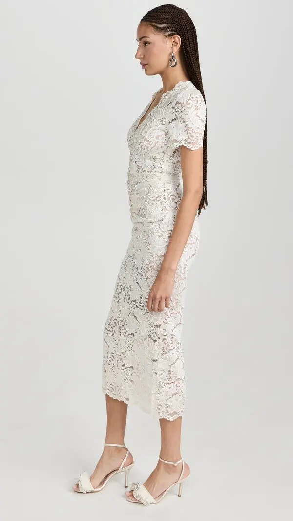 Self-Portrait Cord Lace V Neck Midi Dress In Cream - 50% Off