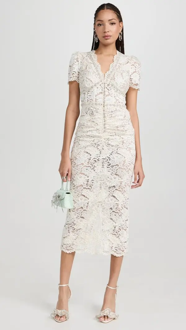 Self-Portrait Cord Lace V Neck Midi Dress In Cream - 50% Off | Editorialist