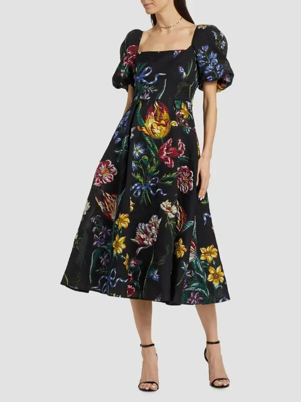 Marchesa Floral Jacquard Puff-sleeve A-line Dress