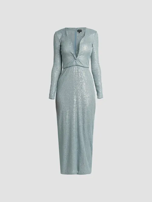 Giorgio Armani Sequined Long-sleeve Midi Dress - Silver Cloud