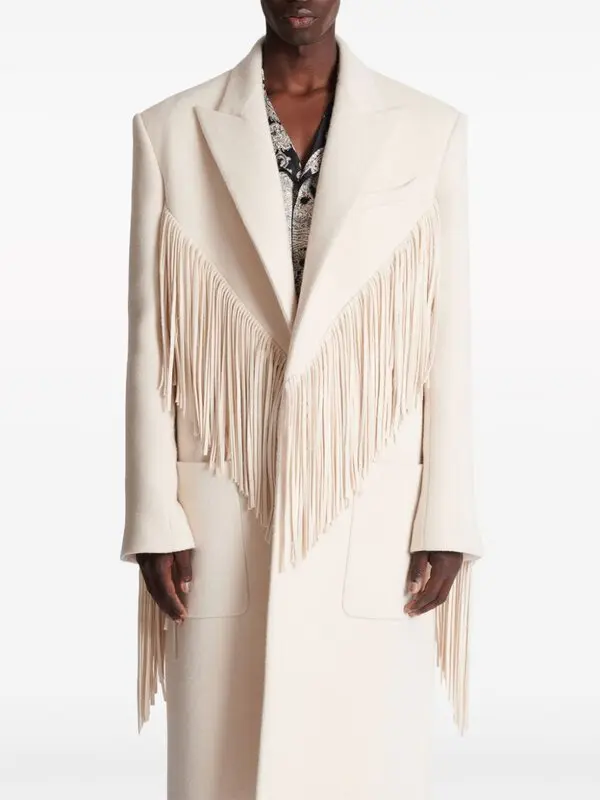 Balmain Single-Breasted Fringed Maxi Coat In Neutrals - 50% Off