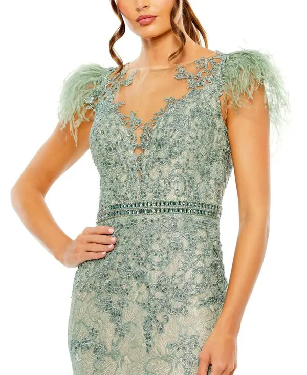 sage green feather dress STRAPLESS FEATHER TEA LENGTH SAGE DRESS CDA1226 main image 0