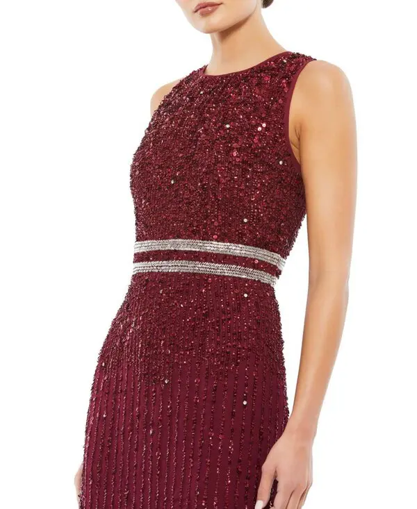 Mac Duggal Sleeveless High Neck Beaded Midi Sheath Dress - Burgundy |  Editorialist