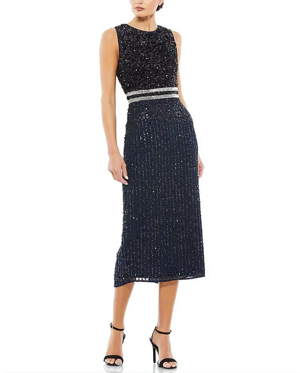 Mac Duggal Sleeveless High Neck Beaded Midi Sheath Dress - Navy