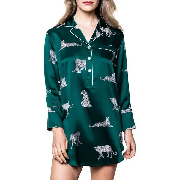 PETITE PLUME Panther Print Piped Mulberry Silk Nightshirt - Green