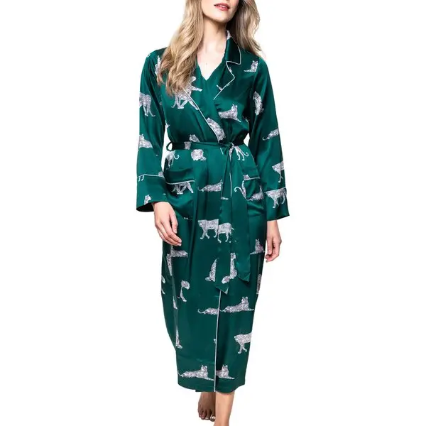 PETITE PLUME Panther Print Piped Mulberry Silk Robe