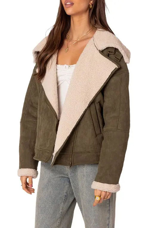 EDIKTED Oversized Faux Shearling And Faux Suede Jacket