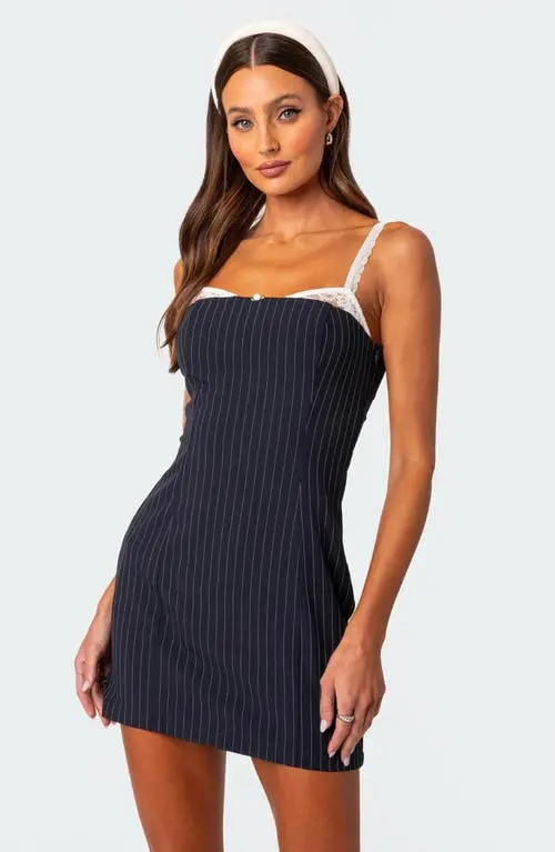 EDIKTED Pinstripe Mini Dress With Lace Detail