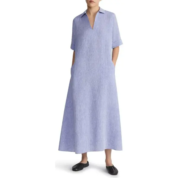Lafayette 148 New York Linen Popover Midi Dress - Lapis Blue Melange |  Editorialist