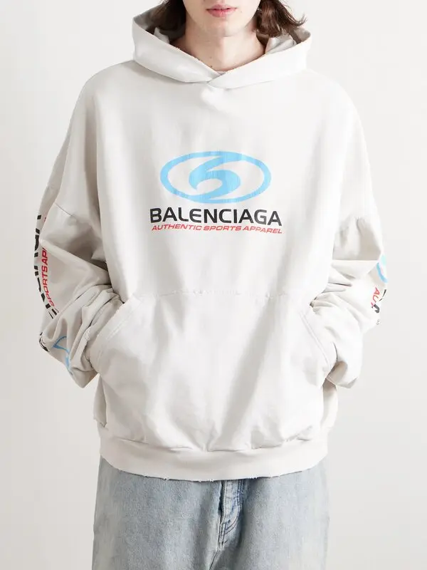 Balenciaga Oversized Logo-print Distressed Cotton-jersey Hoodie