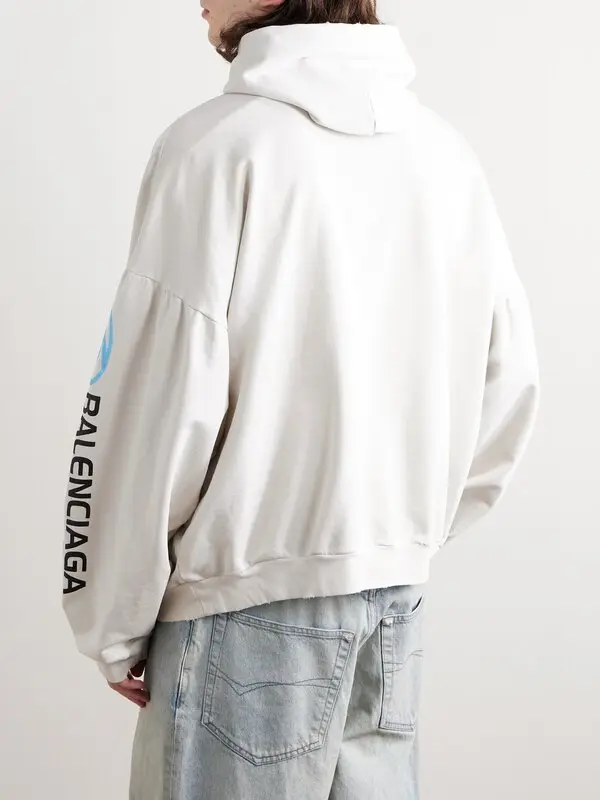 Balenciaga Oversized Logo-print Distressed Cotton-jersey Hoodie