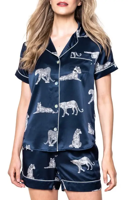 PETITE PLUME Panthre De Nuit Piped Mulberry Silk Short Pajamas - Navy