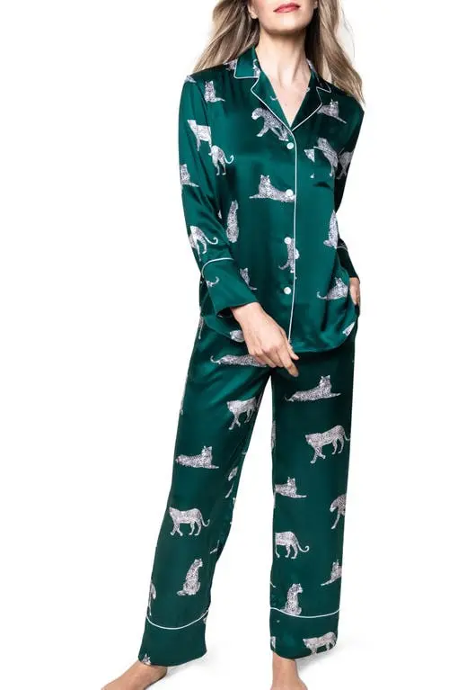 PETITE PLUME Panthre De Nuit Piped Mulberry Silk Pajamas - Green