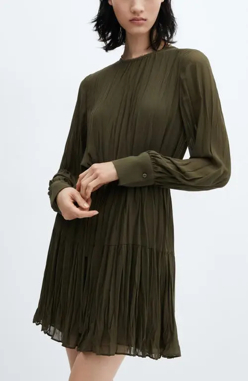 Mango Isabel Pleated Tie Waist Long Sleeve Dress - Khaki Green