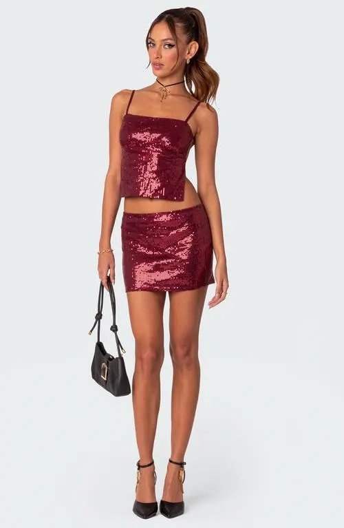 EDIKTED Cosmo Sequin Crop Top - Bordeaux